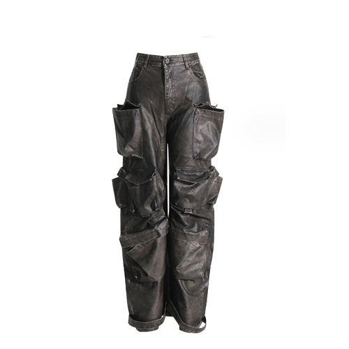 Custom Patchwork pockets high-waisted wide-leg leather pants women ...